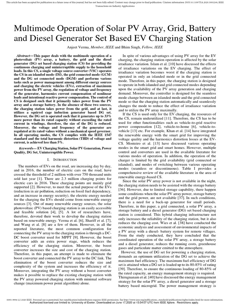 Multimode Operation Of Solar Pv Array Grid Battery And Diesel Generator Set Based Ev Charging