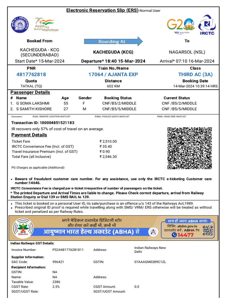 AJANTA EXP Third Ac (3A) | PDF | Identity Document