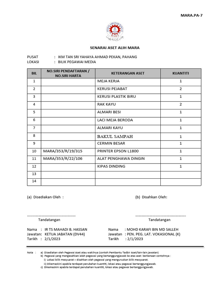 BORANG PA-7 2024 BILIK MEDIA | PDF
