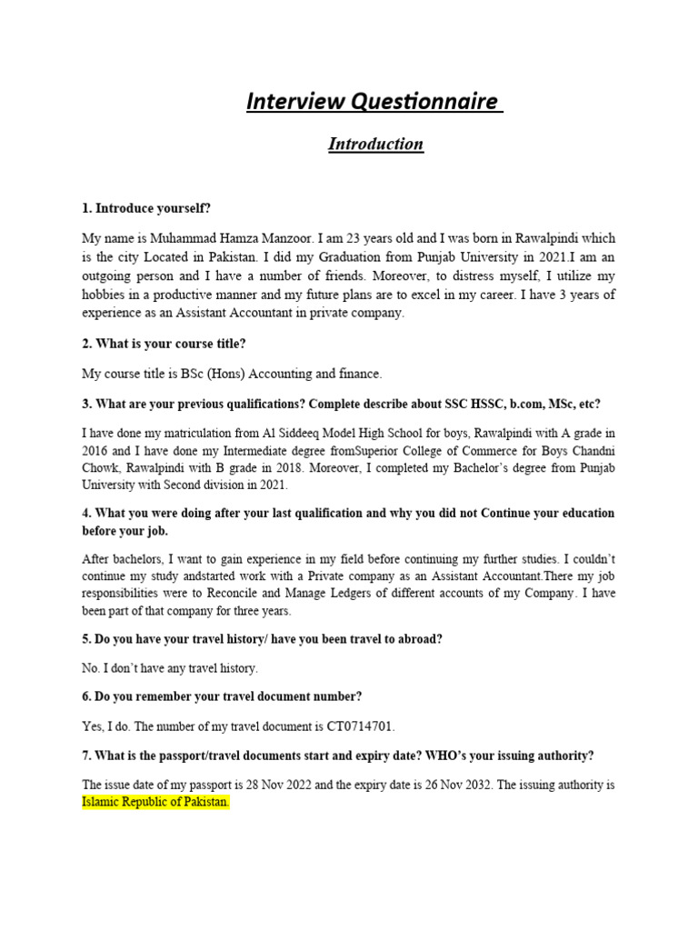 Interview Questtionaire Muhammad Hamza | PDF | Accountant