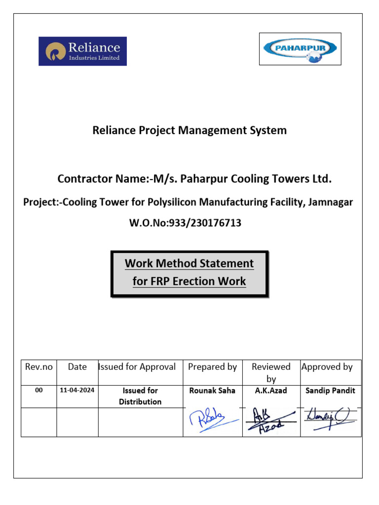Work Method Statement For FRP Erection Work (Polysilicon Factory) | PDF ...