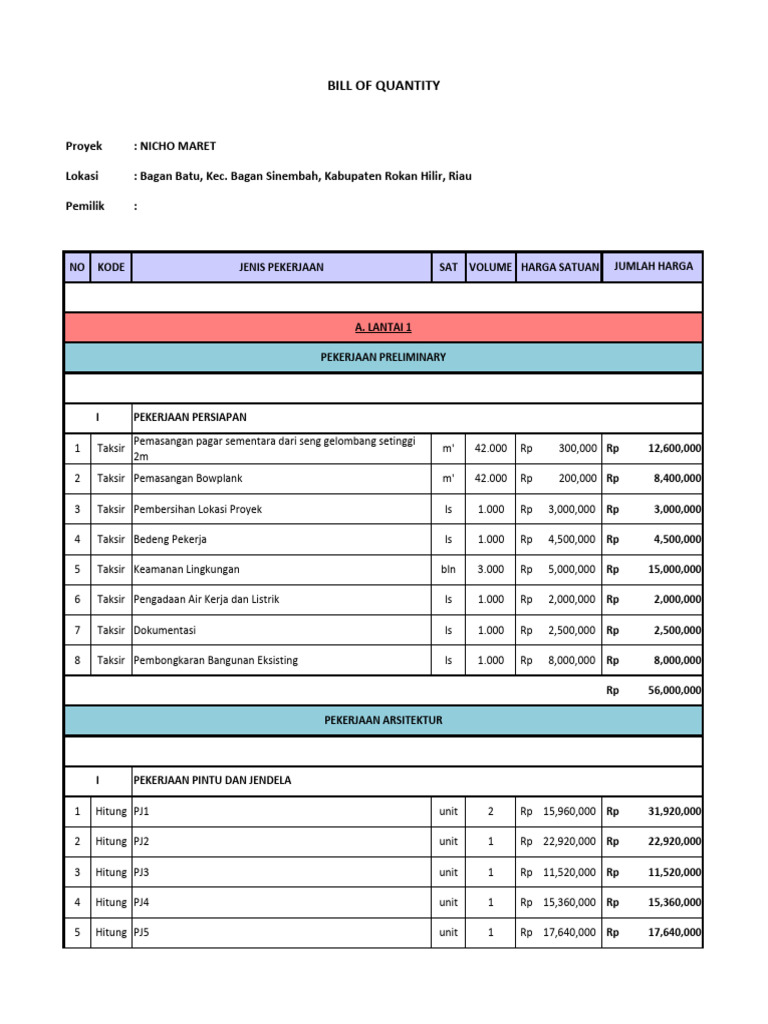 BOQ Dan Volume Nicho Maret Rev 1 | PDF | Griya & Taman | Teknologi & Rekayasa
