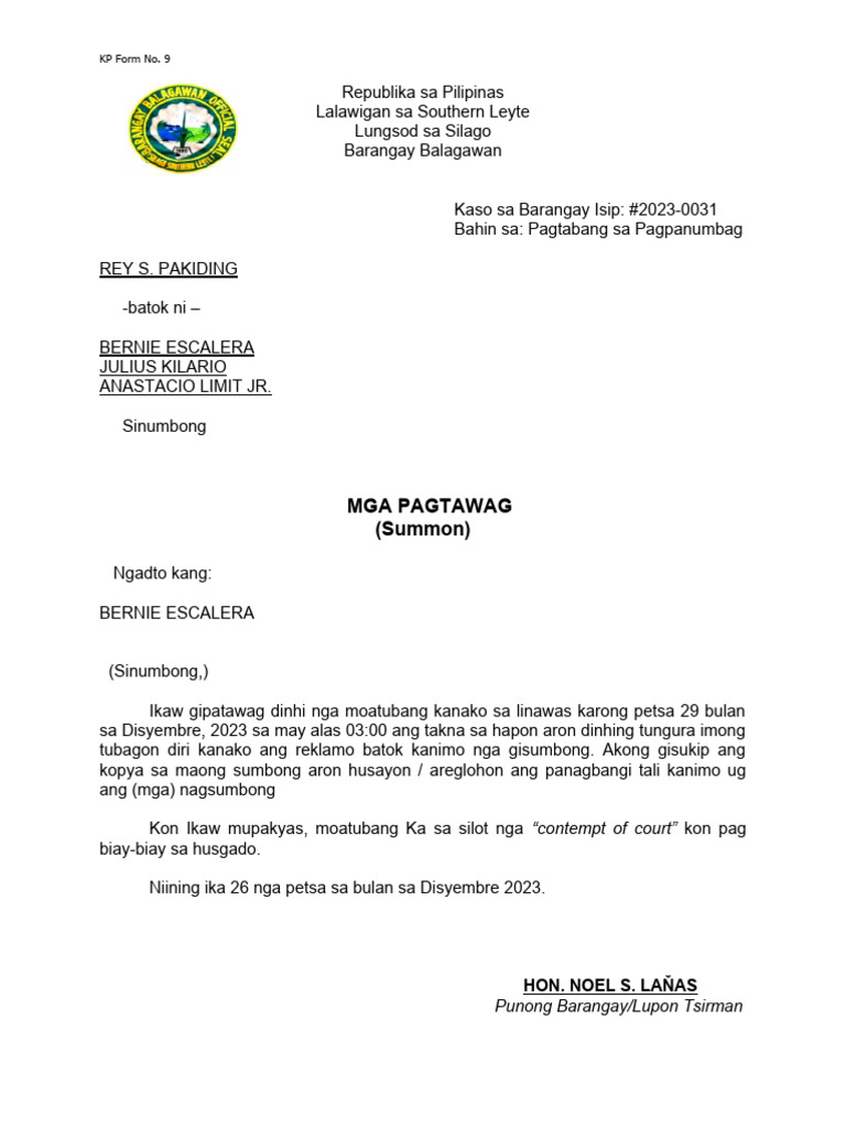 KP Form 9 - para Summon | PDF