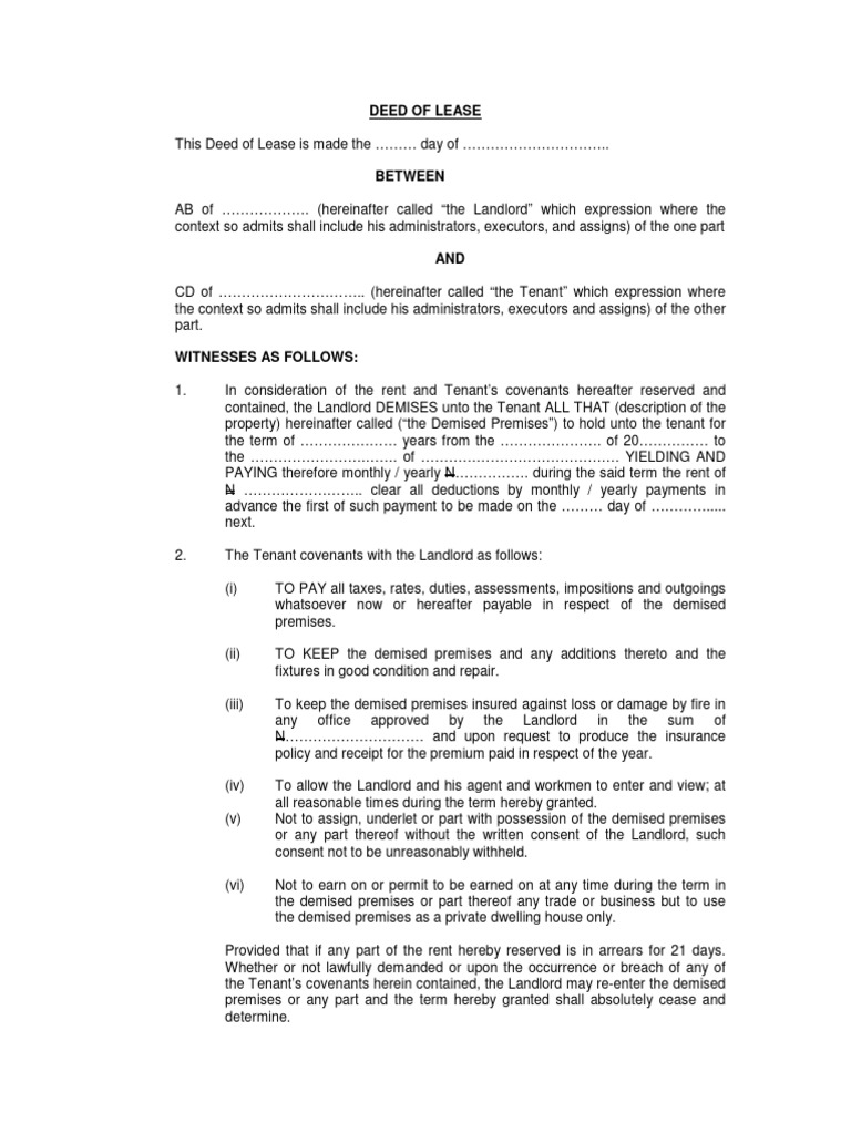 Deed of Lease Agreement Template | PDF | Landlord | Leasehold Estate