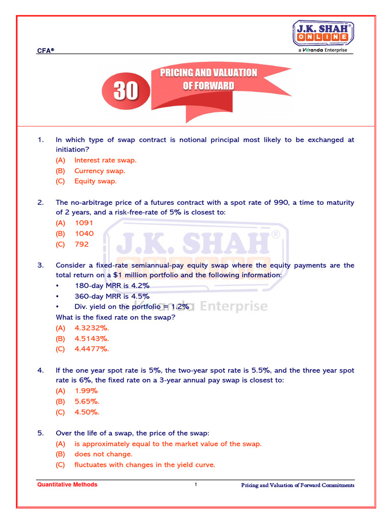 Reading 30 Pricing And Valuation Cfa Level 2 Pdf Swap Finance