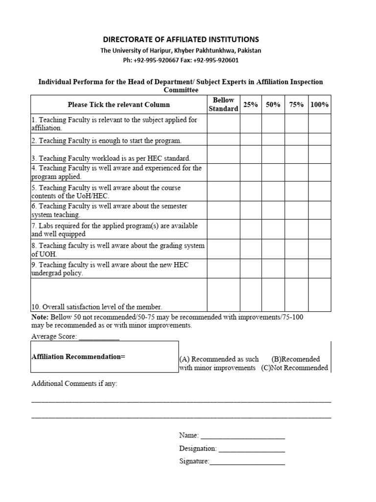 Inspection Committee Individual Peforma (HoD and subject experts) | PDF