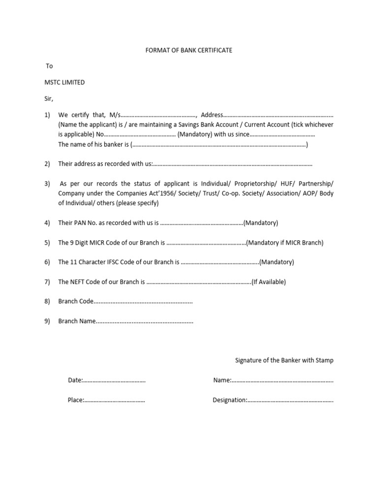 Bank Certificate Format Template | PDF
