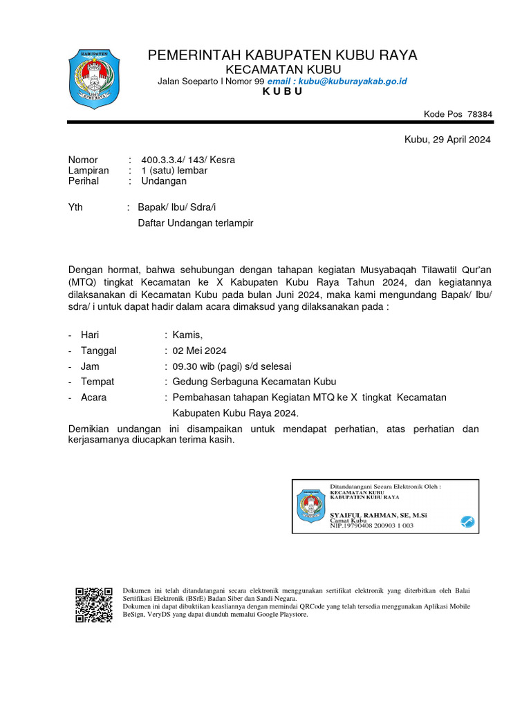 UNDANGAN MTQ KEC KUBU 2024 - Signed | PDF