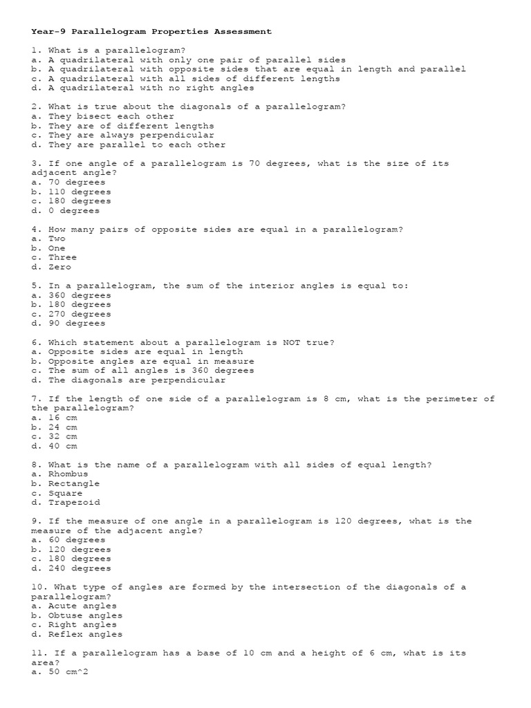 Year-9 Parallelogram Properties Assessment | PDF | Rectangle ...