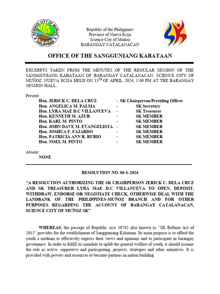 Resolution Authorizing SK Chairperson and SK Treasurer | PDF
