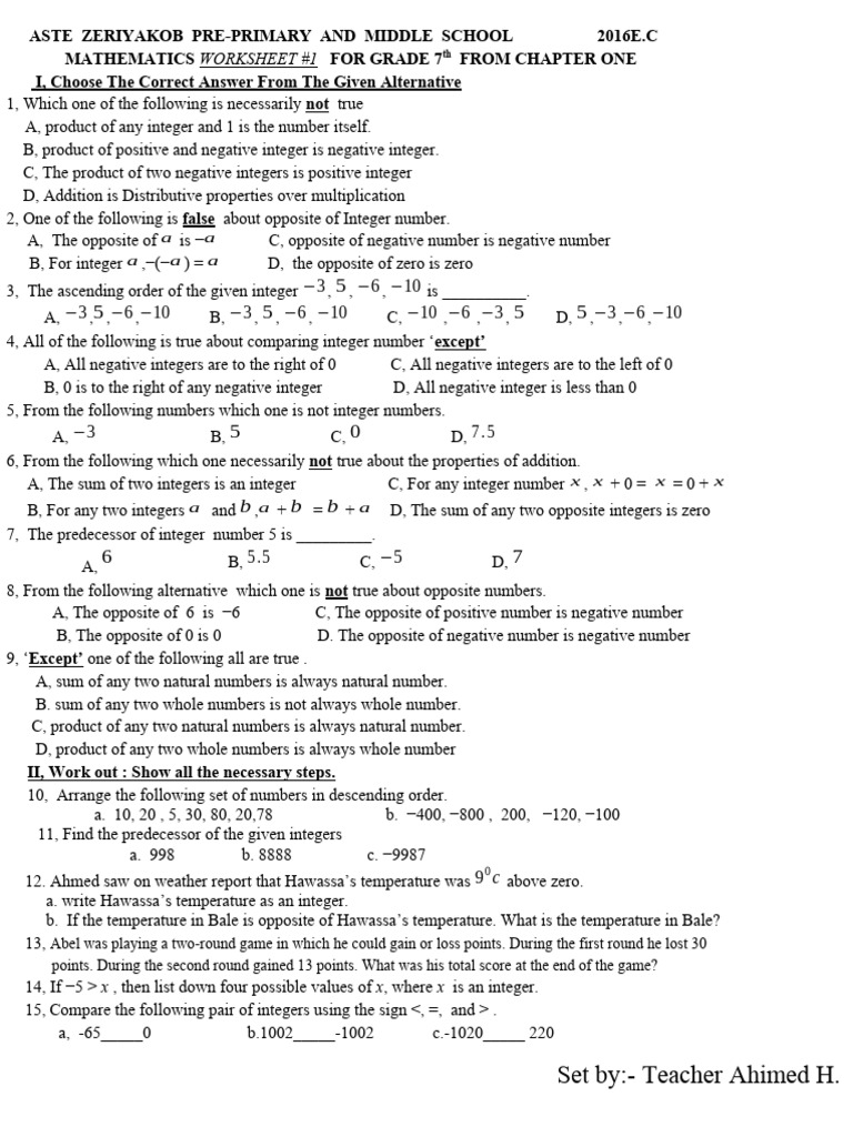 Worksheet #1 | PDF | Numbers | Integer