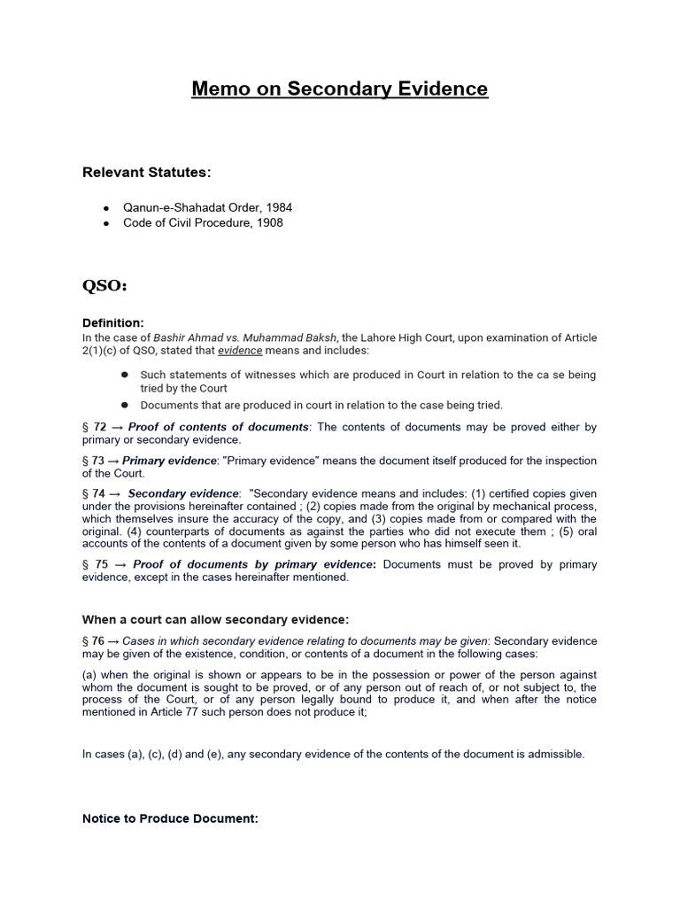 Memo On Secondary Evidence | PDF | Lawsuit | Evidence
