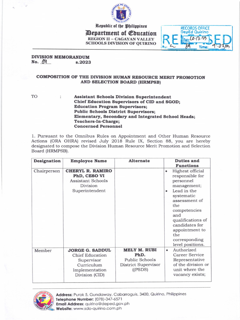 DM No. 89 S. 2023 Composition of The Division Human Resource Merit ...