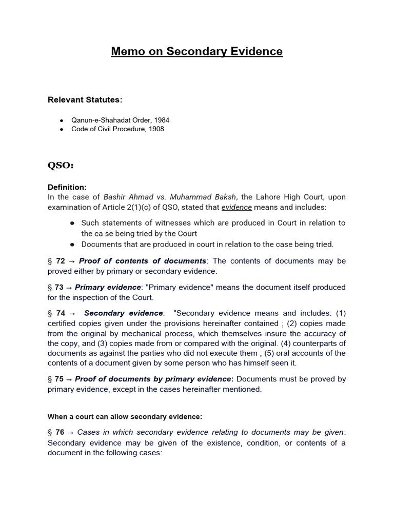 Memo On Secondary Evidence Second | PDF | Lawsuit | Evidence