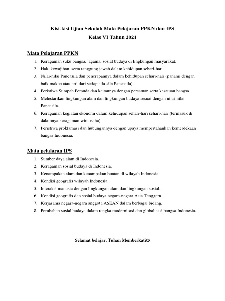 Kisi-Kisi Ujian Sekolah Tertulis Kelas Vi Tahun 2024 | PDF | Ilmu Sosial | Kesehatan Holistik