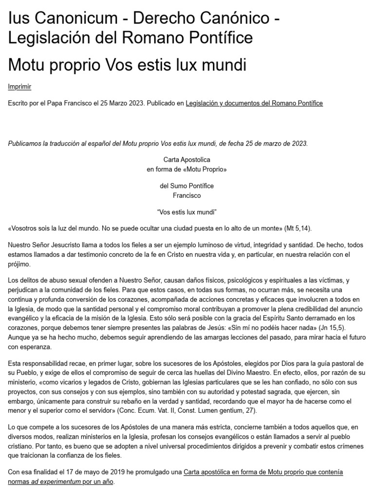Motu Proprio "Vos Estis Lux Mundi" | PDF | Iglesia Católica | obispo
