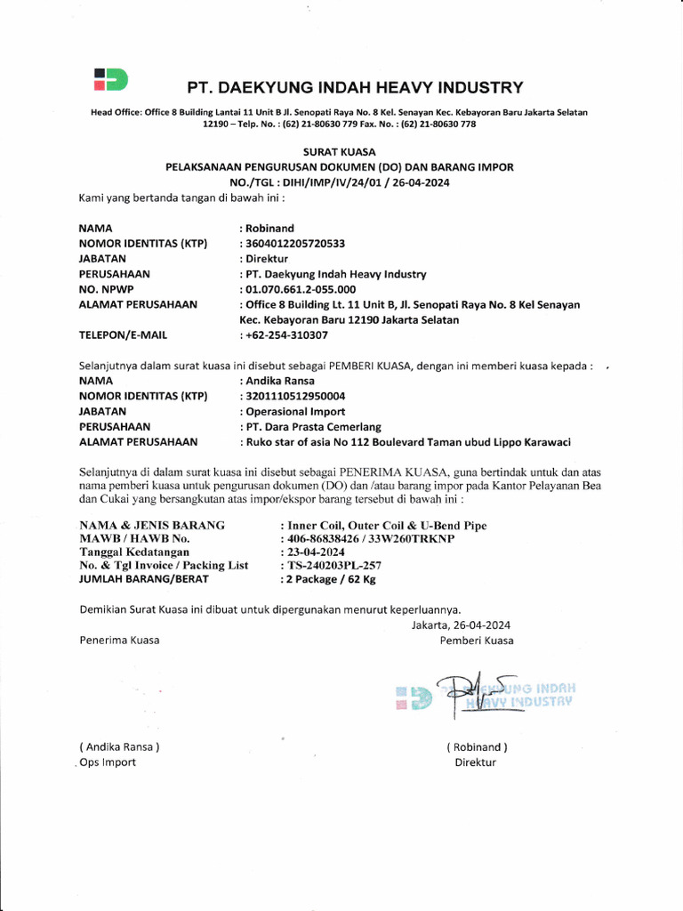 Surat Kuasa PT Daekyung Indah Heavy Industry | PDF