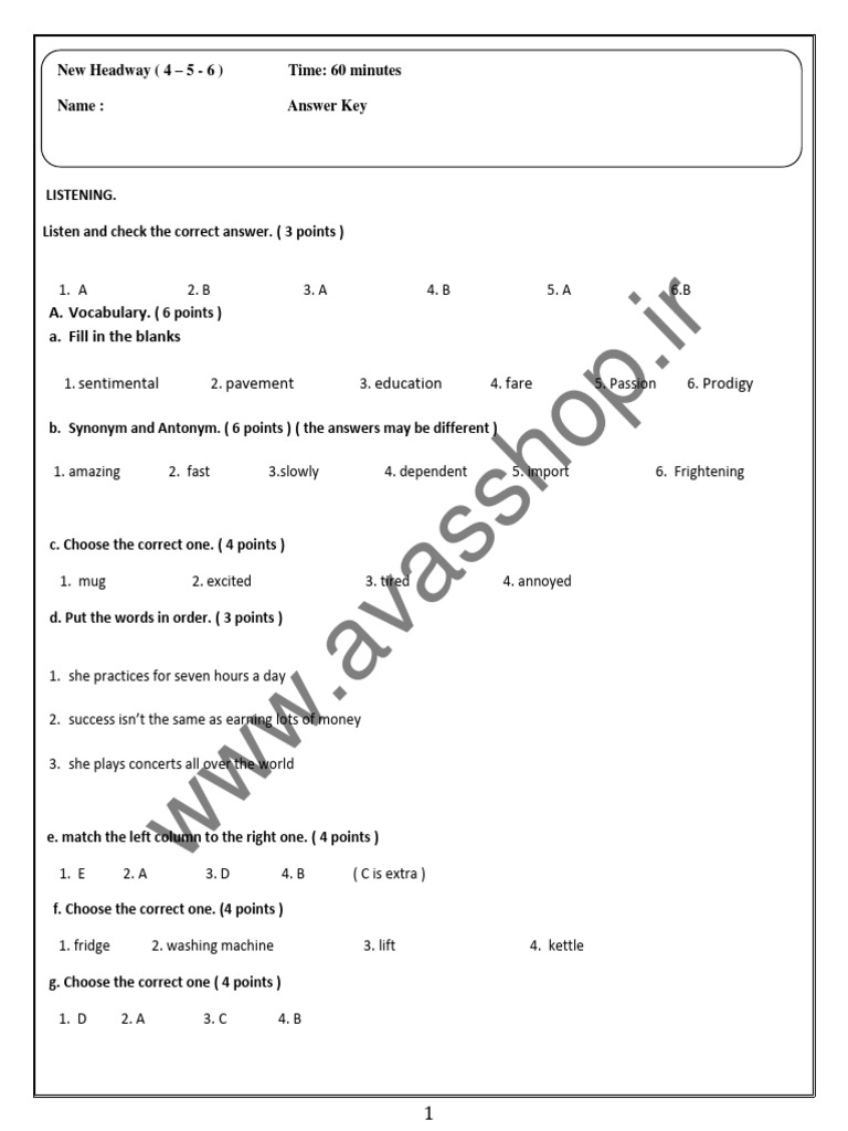 Answer Key New Headway Elementary 4th Unit 4 To 6 | PDF