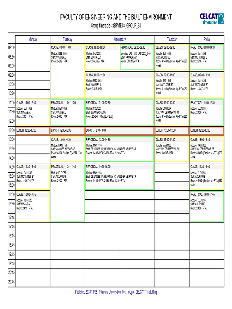 CELCAT Timetable BPME18 Semester 1 2024 | PDF