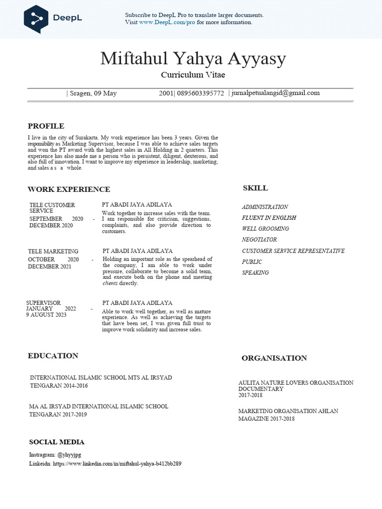 CV Ats Yahya Eng | PDF | Business