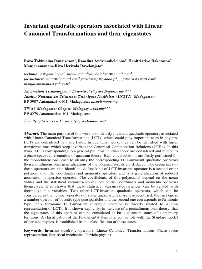 Invariant Quadratic Operator For Linear Canonical Transformation | PDF ... Invariant Quadratic Operator For Linear Canonical Transformation | PDF ...