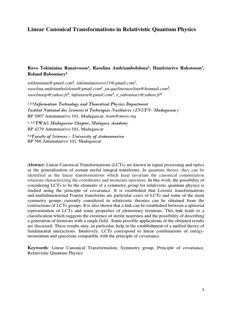 Linear Canonical Transformation in Relativistic Quantum Physics | PDF | Special Relativity ...