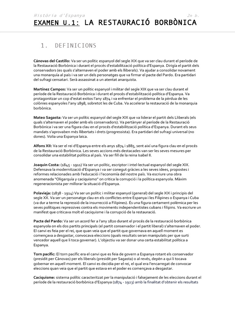 DEFINICIONS Restaucació Borbònica - Història D'espanya U.1 Global | PDF
