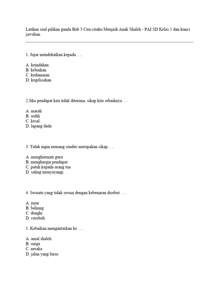 Contoh Soal Agama Islam Bab 3 Citacita Anak Saleh | PDF