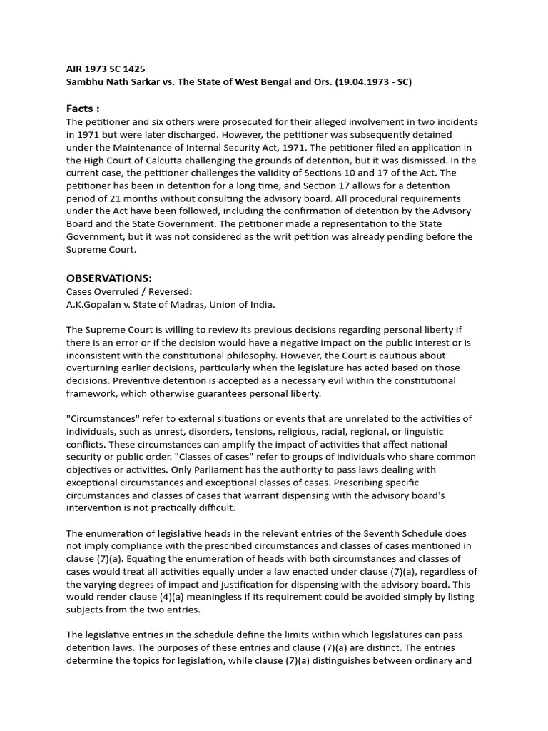 Cases On Preventive Detention | PDF | Detention (Imprisonment) | Justice
