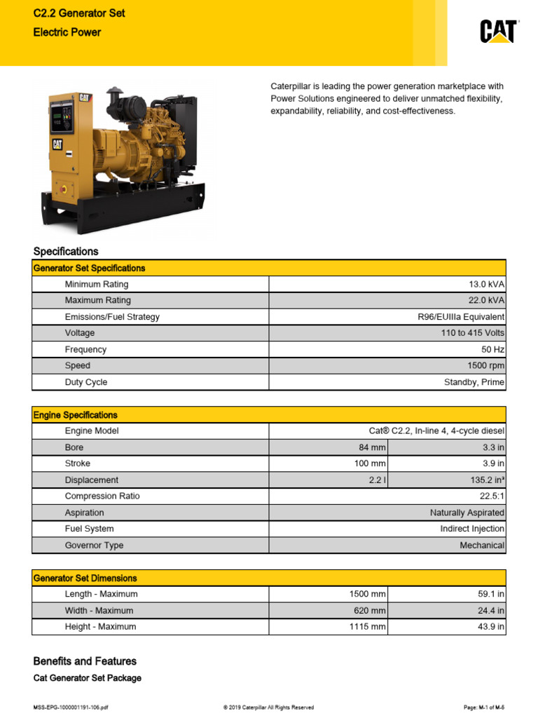 Caterpillar C2.2. Spec Sheet | PDF | Diesel Engine | Electric Generator
