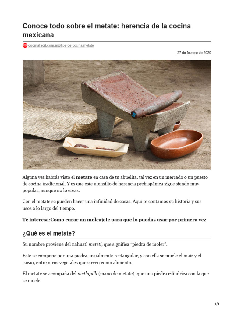 Historia y Usos del Metate Mexicano | PDF | Cocina | Alimentos