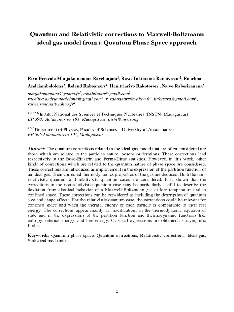 Quantum and Relativistic Corrections To Maxwell-Boltzmann Ideal Gaz Model | PDF | Quantum ...