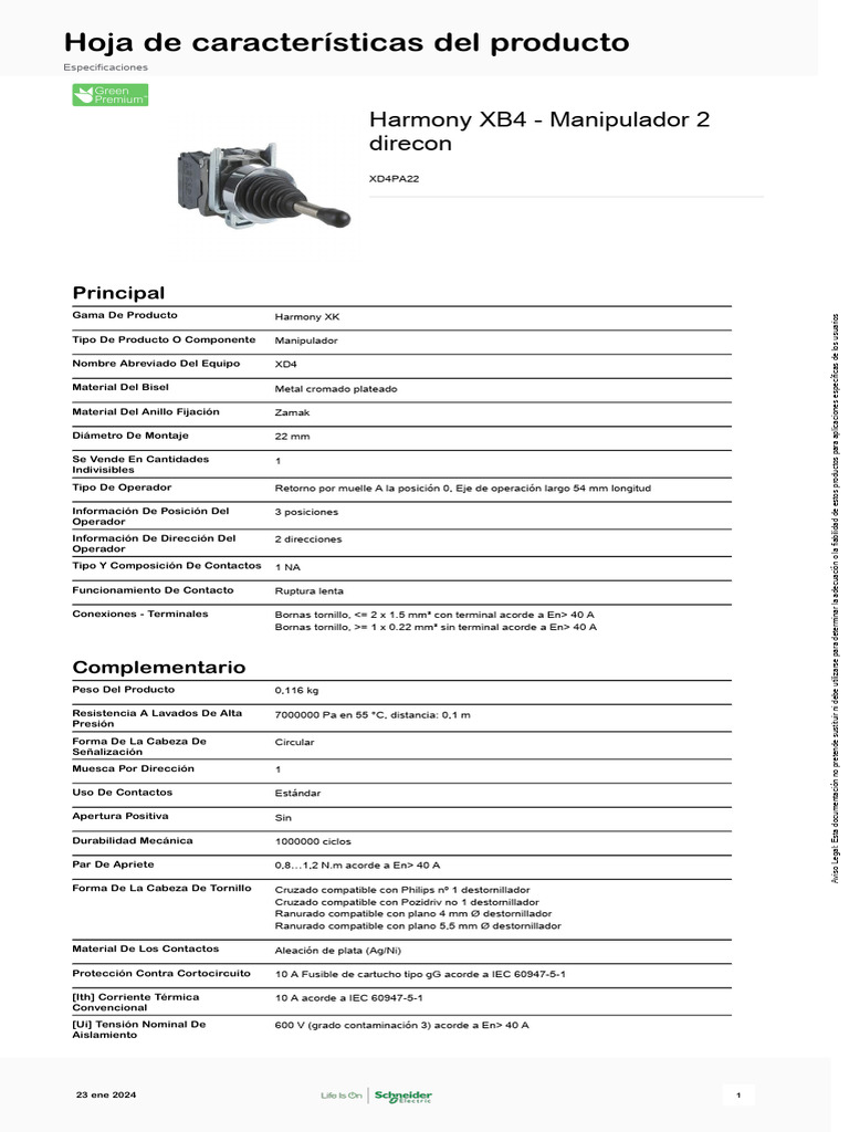 Schneider Electric_Harmony-XB4_XD4PA22 | PDF | Tornillo