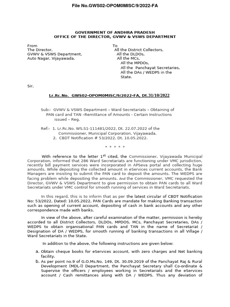 Obtaining PAN Cards For VSWS | PDF | Banks | Money