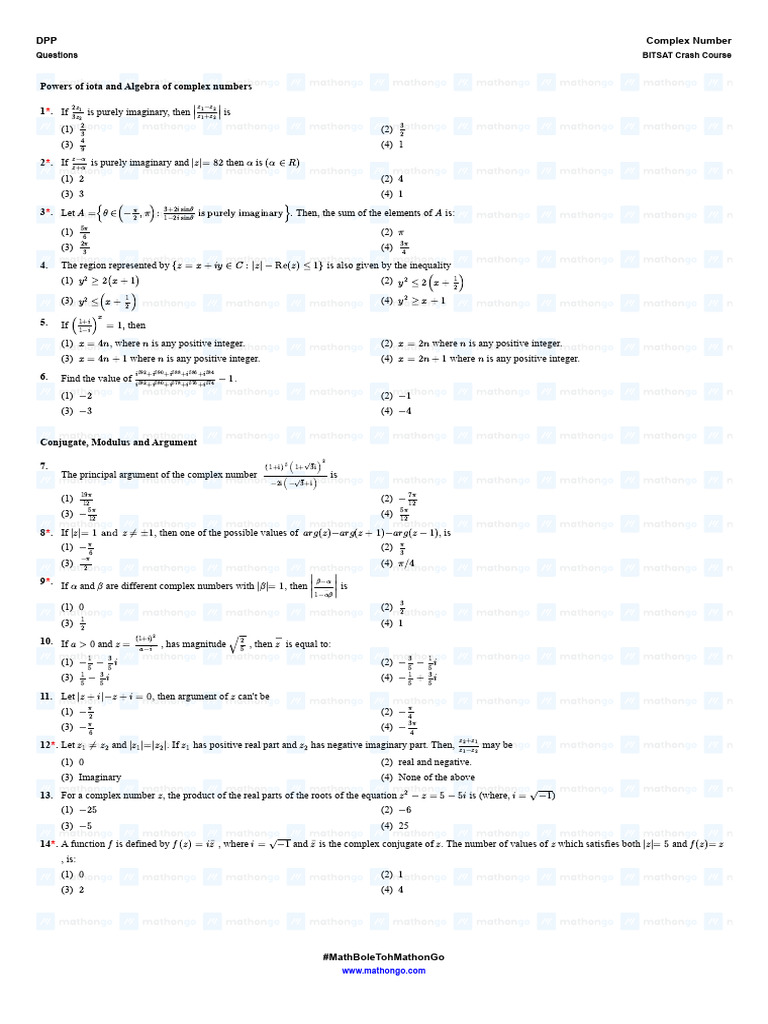 Question Complex Number BITSAT Crash Course | PDF | Complex Number | Line (Geometry)