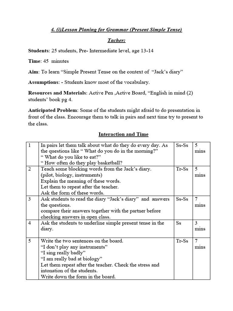 Simple Present Tense Lesson Plan | PDF | Question | Grammatical Tense