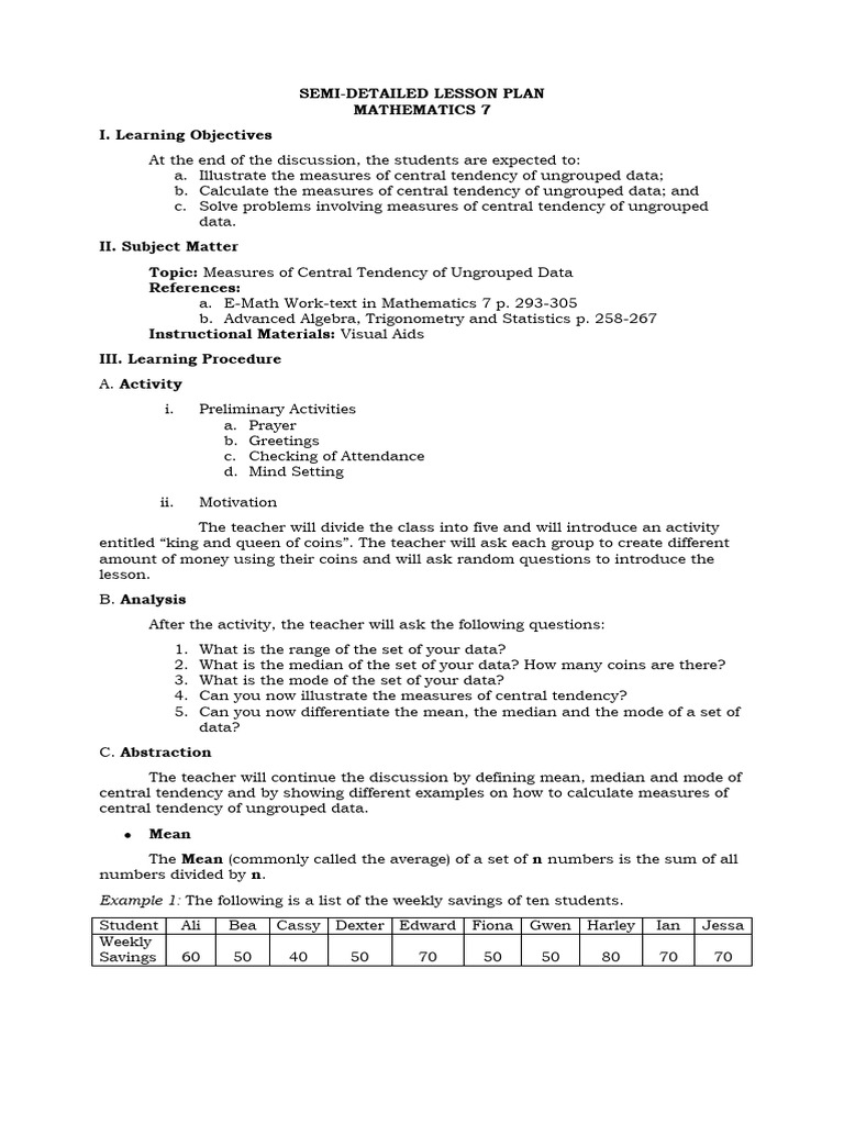 Measures of Central Tendency Lesson | PDF | Mode (Statistics) | Mean