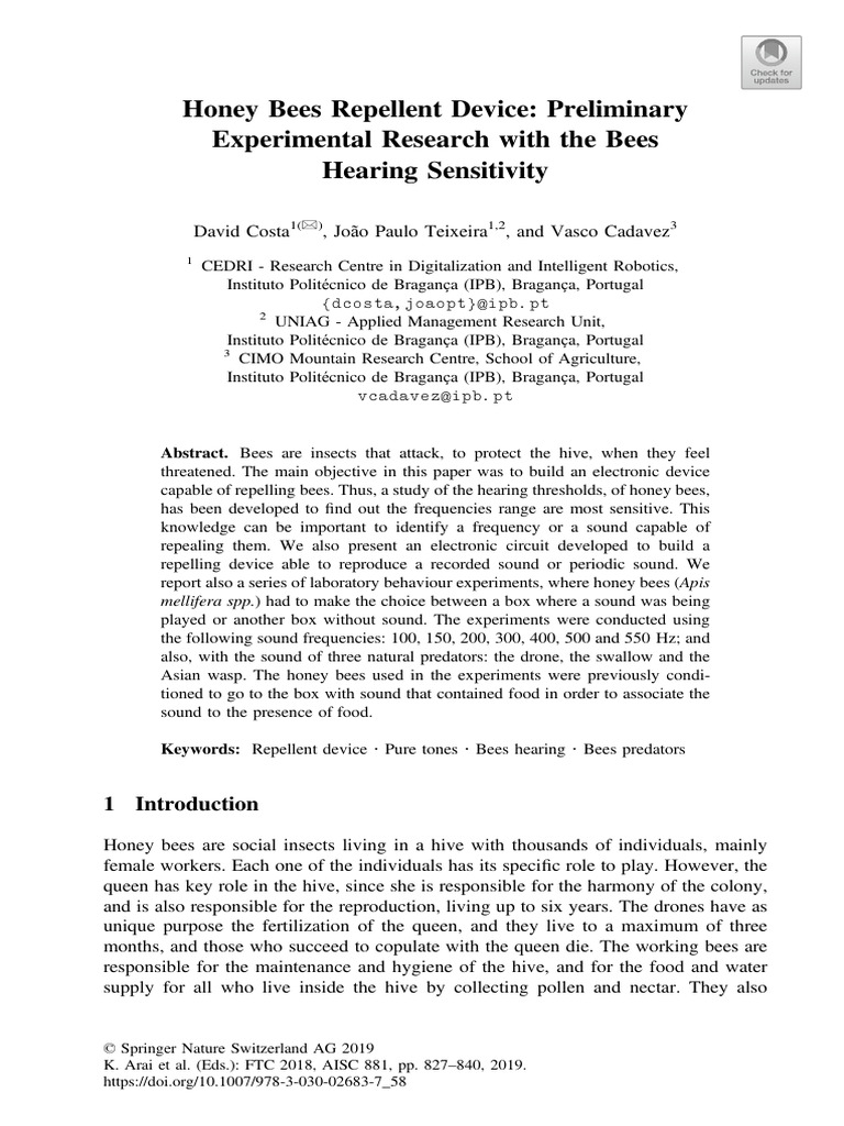 Honey Bees Repellent Device: Preliminary Experimental Research With The Bees Hearing Sensitivity ...