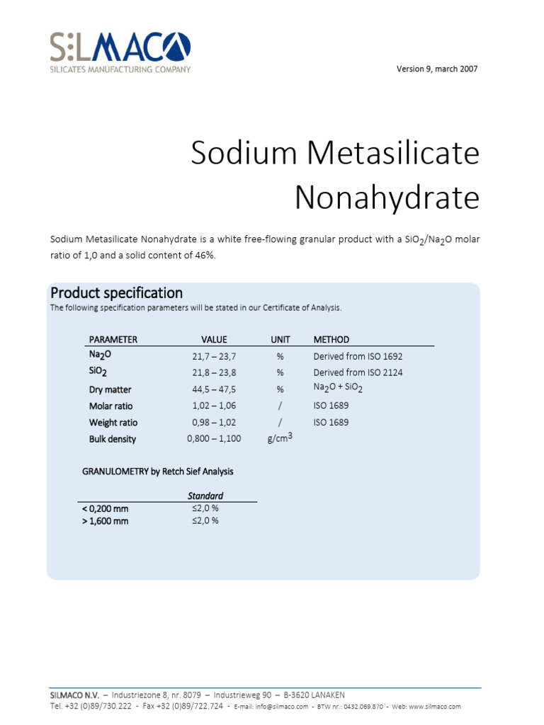 Sodium Metasilicate Nonahydrate: Product Specification | Download Free ...