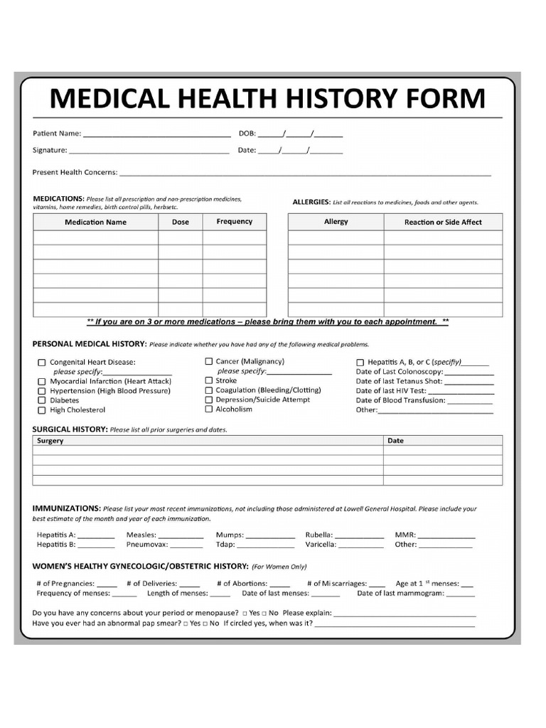 Medical Health History Form Template - 250833 | PDF