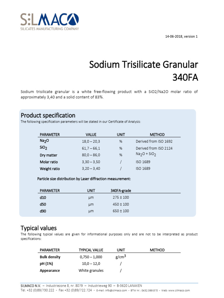 Sodium Trisilicate Granular 340FA: Product Specification | PDF
