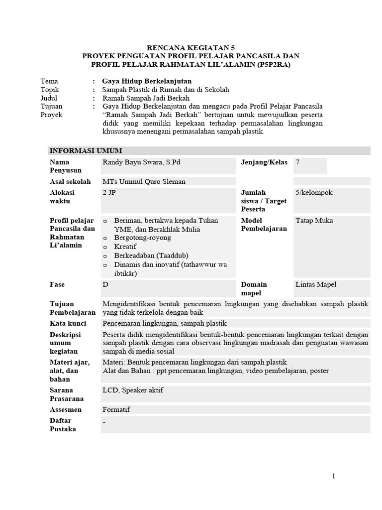 Rencana Kegiatan 5 p5 Dan P2ra | PDF
