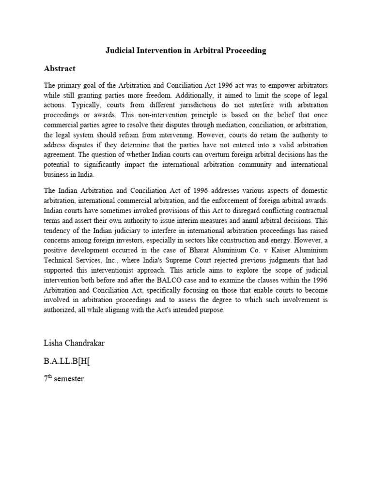 Judicial Intervention in Arbitral Proceeding - Lisha Chandrakar | PDF