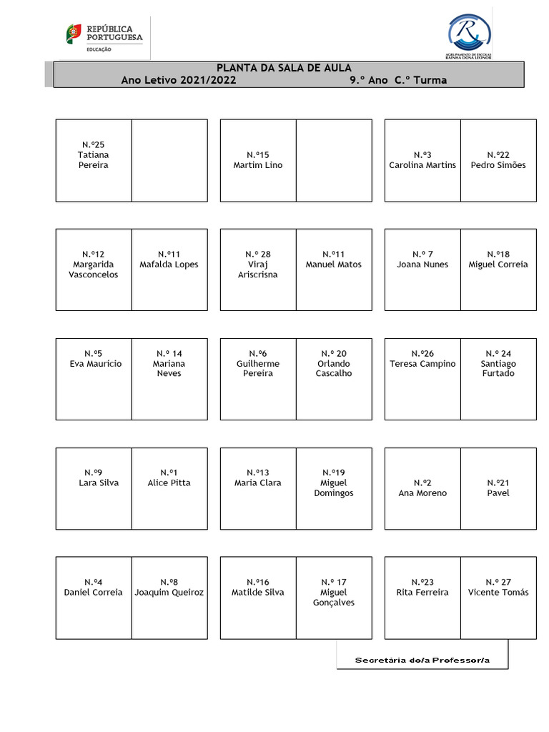 Planta da Sala de Aula 9.º Ano 2021/2022 | PDF