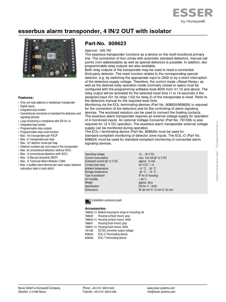 Esser 808623 Esserbus Alarm Transponder Datasheet | PDF | Detector ...