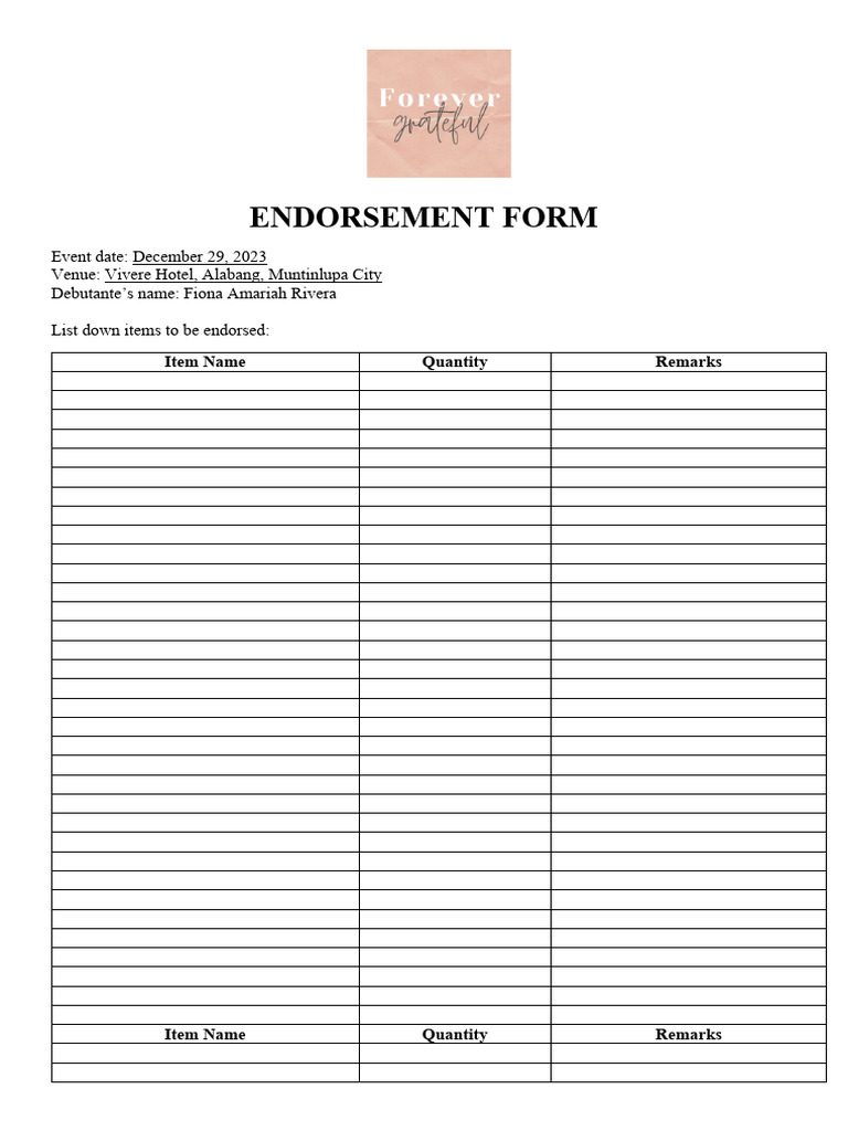 Endorsement Form | PDF | Finance & Money Management | Games & Activities