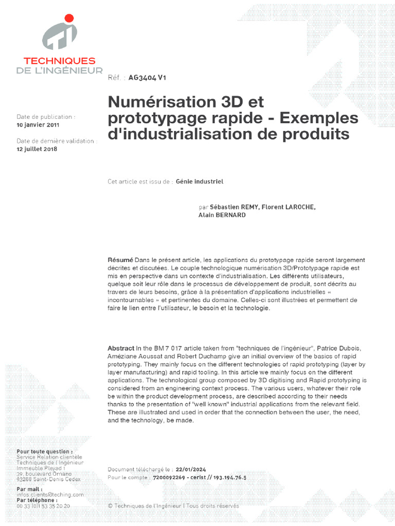 Numérisation 3D Et Prototypage Rapide - Exemples D'industrialisation de Produits - Dossier ...