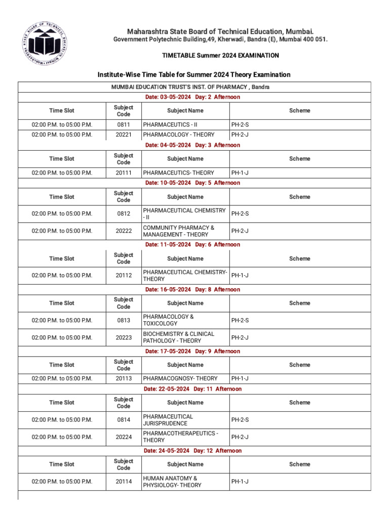 Time Table For Summer 2024 Theory Examination | PDF | Pharmacy ...