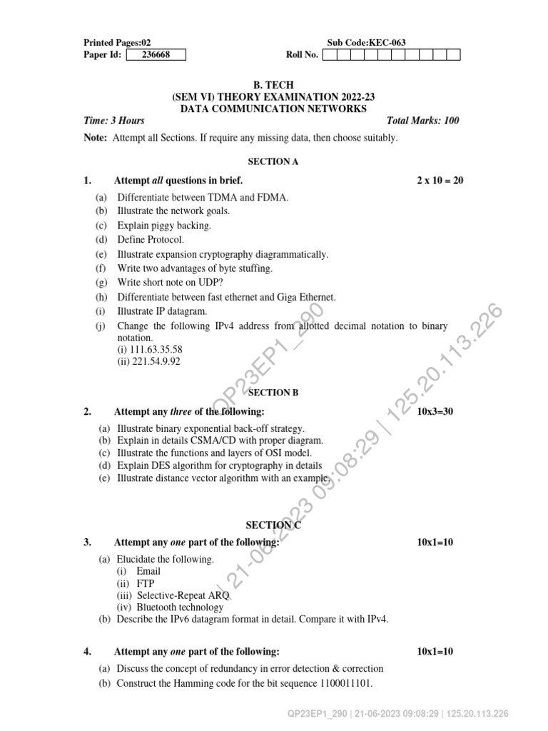 Btech Ec 6 Sem Data Communication Networks Kec 063 2023 | PDF | Computer Engineering ...