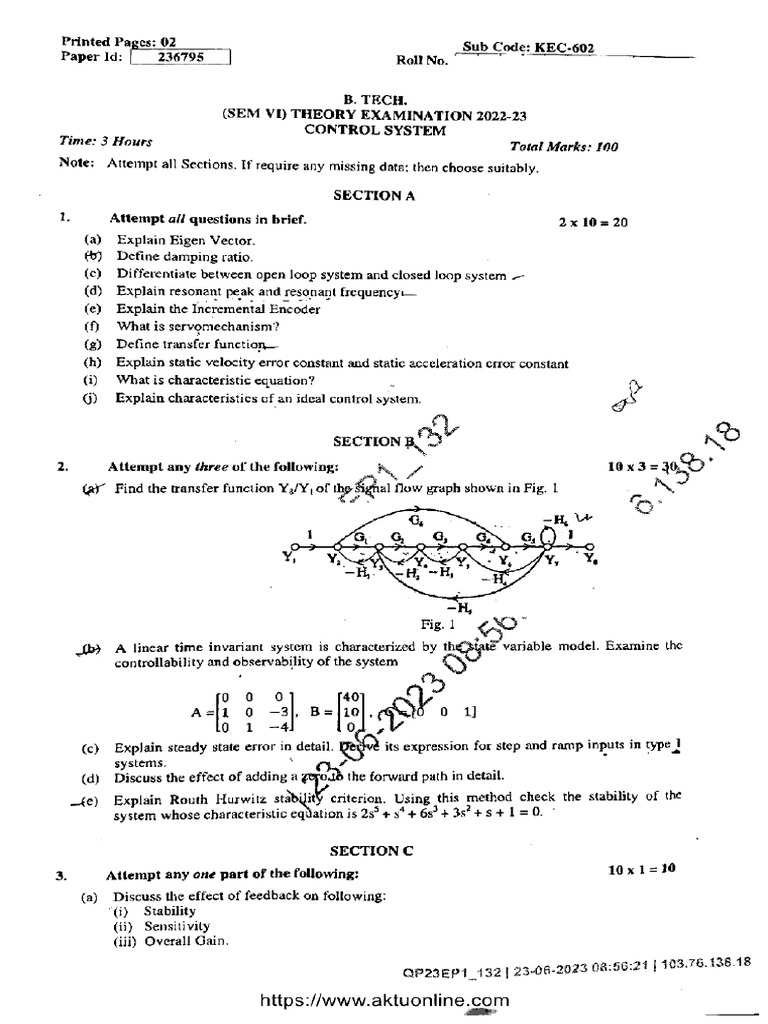 Btech Ec 6 Sem Control System Kec 602 2023 | PDF